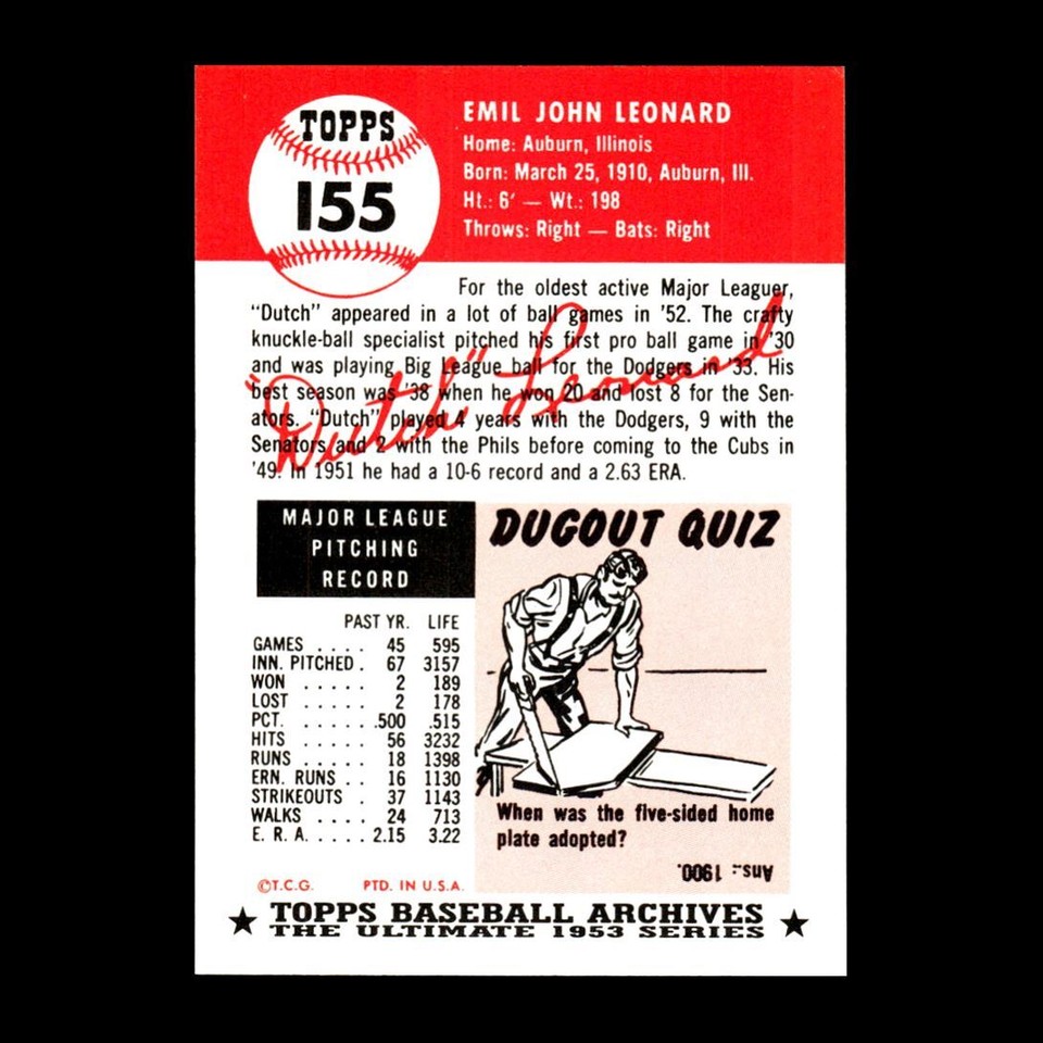 Dutch Leonard 1991 Topps Archives 1953 Chicago Cubs #155 NM-MT GM 2 | eBay