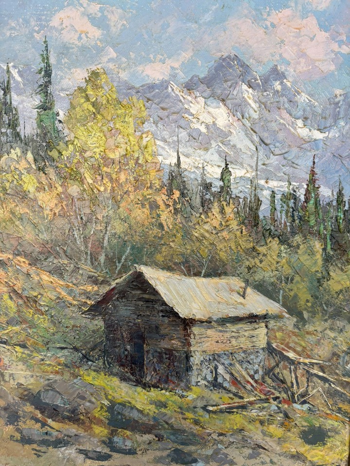 Fred Oldfield 1974 Original Western Oil Painting: Cabin, Trees ...