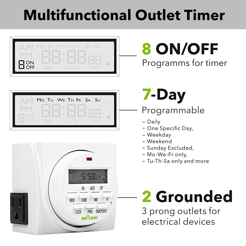 BN-LINK Heavy Duty Digital Electric Programmable Dual Outlet Timer Plug ...