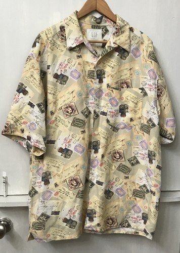 GAP Postal Stamps Short Sleeve Casual Button Down Shirt Oversized Mens ...