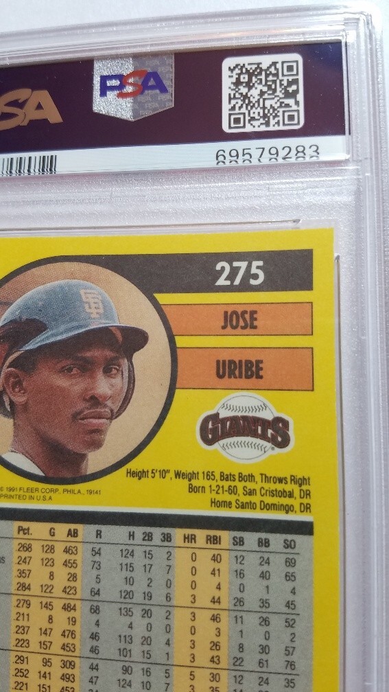 ERROR ( DOB - DATE OF BIRTH ) 1991 FLEER JOSE URIBE #275 GRADE 9 MINT ...