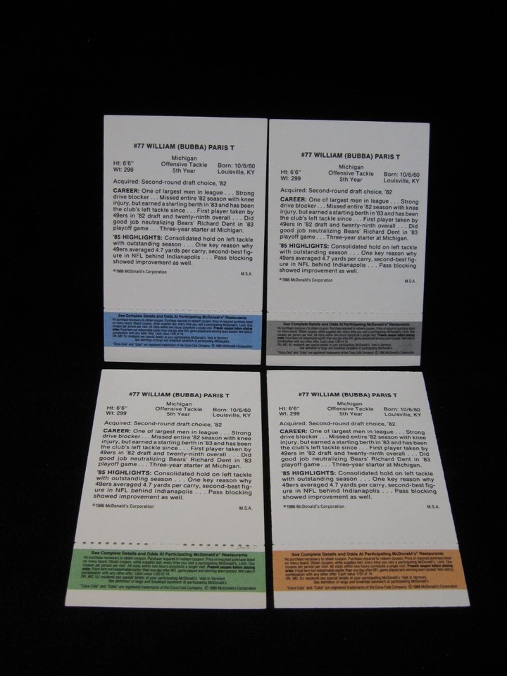 1986 Bubba Paris San Francisco 49ers McDonald's 4 Color Set #77(A) | eBay