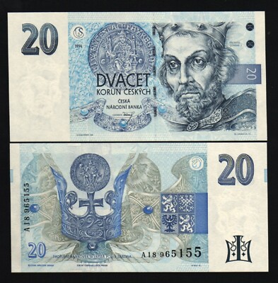 CZECH Republic 20 KORUN P-10A 1994 KING "COIN on BANKNOTE" UNC A Prefix ...