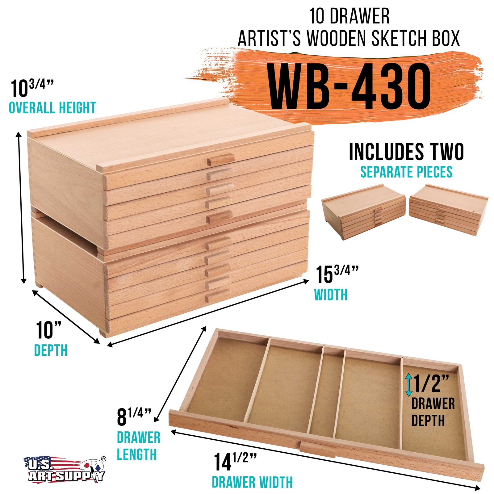 10 Drawer Wood Artist Supply Storage Box for Pastels, Pencils, Pens ...
