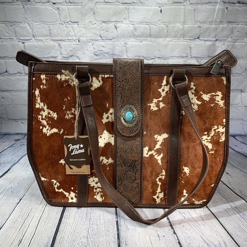 Tony Lama Western Womens Leather Tote Bag Hair On Turquoise Concho ...