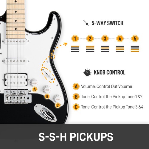 Glarry GST Stylish S-S-H Pickup Electric Guitar Kit with AMP Bag Strap ...