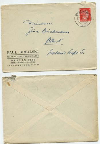 10910 - Beleg - Berlin 21.9.1941 - Paul Biwalski - Moderne Pelz ...