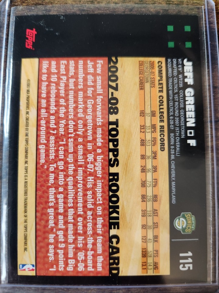 2007-08 Topps Jeff Green Rookie RC #115 Seattle Supersonics | eBay