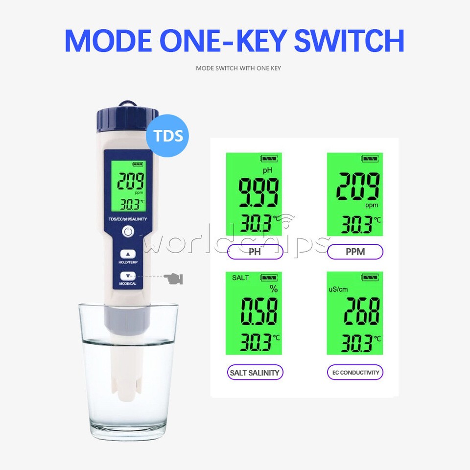 5in1 TDS/EC/PH/Salinity/Temperature Meter Digital Water Quality Monitor ...