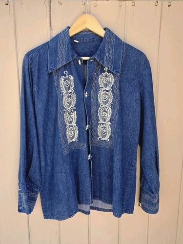 Vintage 70s Boho Embroidered Floral Denim Toggle Shirt Size 42 Large ...