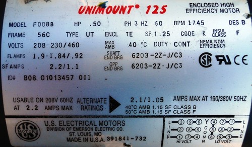 UNIMOUNT MOTOR, MODEL F008B, HP .50, PH 3, FRAME 56C, TYPE UT, ENCL. TE ...