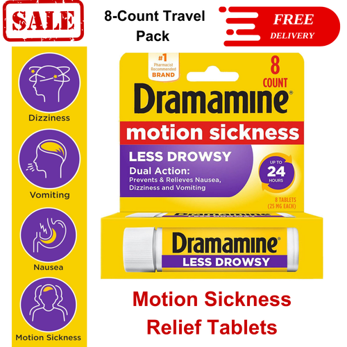 Motion Sickness Relief Tablets - Less Drowsy, 24-Hour Formula, 8-Count ...