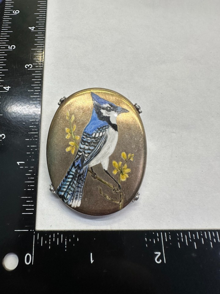 Bird Blue Jay Hand Painted on Porcelain Vintage Pin Brooch Silver J-431 ...