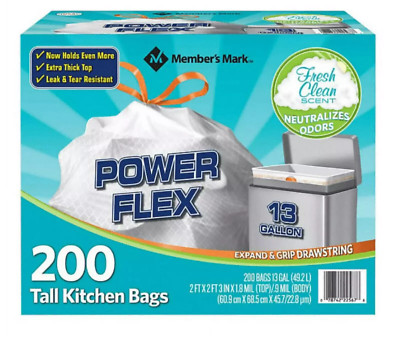 Member's Mark Power Flex Tall Kitchen Drawstring Trash Bags 13 Gallon ...