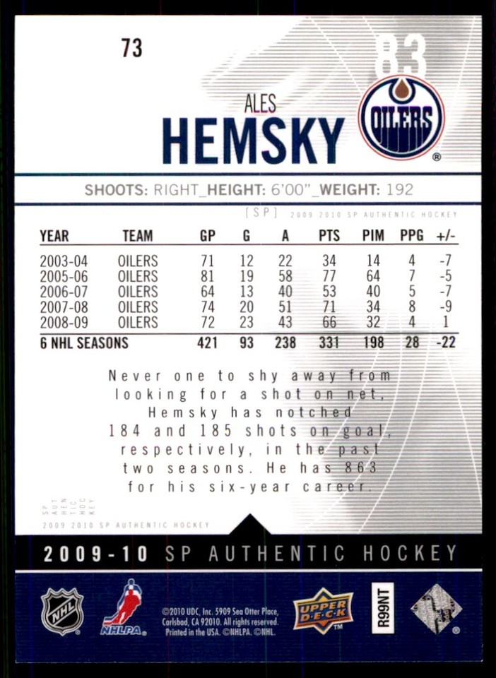 2009-10 SP Authentic Ales Hemsky Edmonton Oilers #73 | eBay