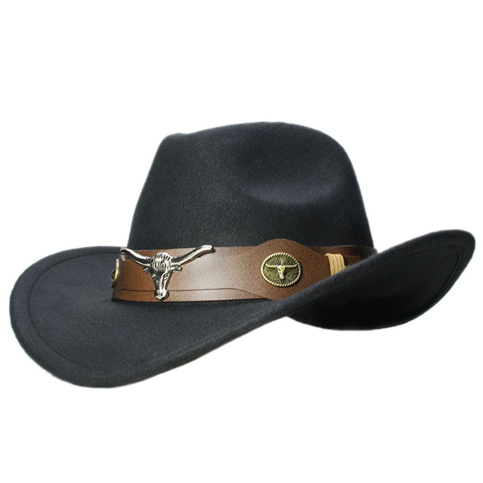 Western Cowboy Hat Cowgirl Cap Wide Brim with Bull Skull Belt for Women ...