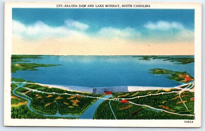 Postcard SC Saluda Dam & Lakey Murray Linen Aerial View Vtg I9 | eBay