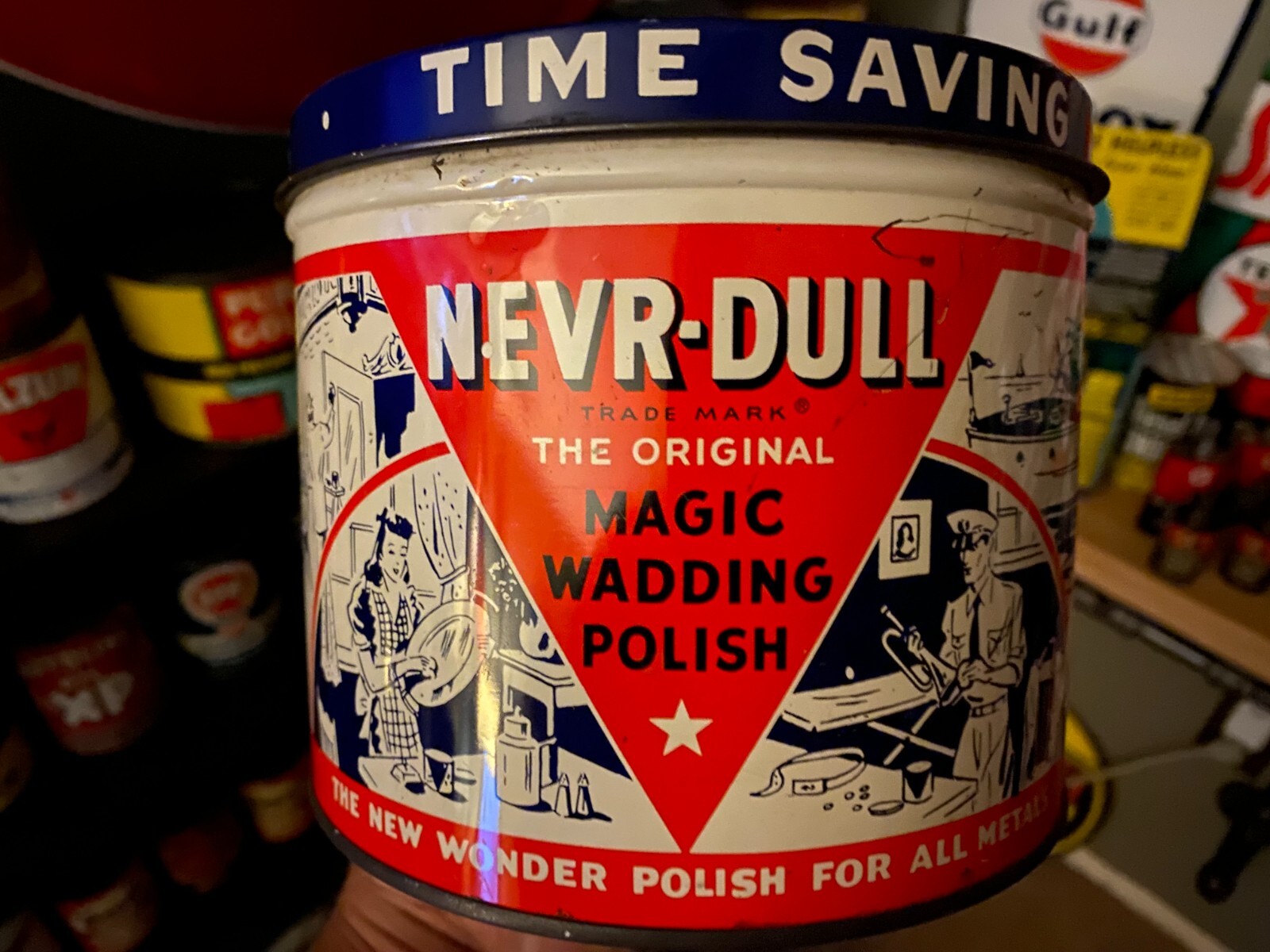 ~VINTAGE~ 1941 NEVER DULL MAGIC WADDING POLISH~ TIN CAN ADVERTISING ...