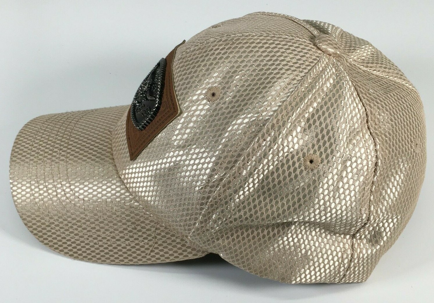 Beige Yellow Gold Baseball Cap OSFM Front Silver Metal Bull Plate USA ...