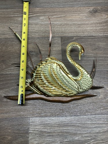 Brass Swan on Wood with Cattails Copper MCM 70s Vintage Hang Art Plaque ...