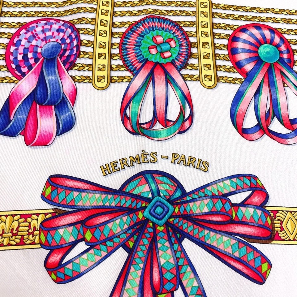 HERMES KARE 90 LES RUBANS DU CHEVAL Silk Square Scarf White authentic ...