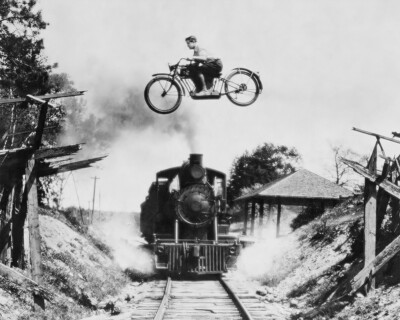 Daredevil Motorcycle Jumping Old Train Photo Print Dangerous Crossing ...