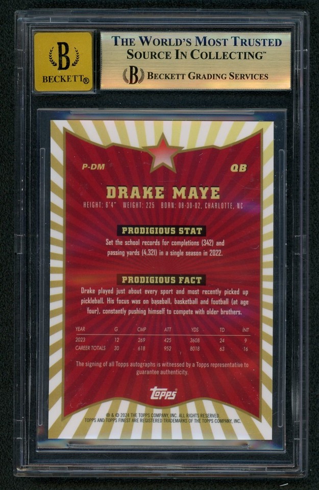2024 Topps NOW Drake Maye RC 1st Start Autograph Orange /25 BGS 10 10 ...