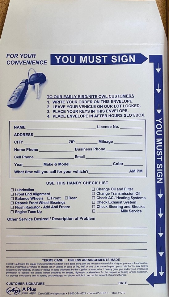 Drop Off Envelopes For Repair Shops• #7210 / AP-EBNO-1 • Qty.100 •(W16 ...