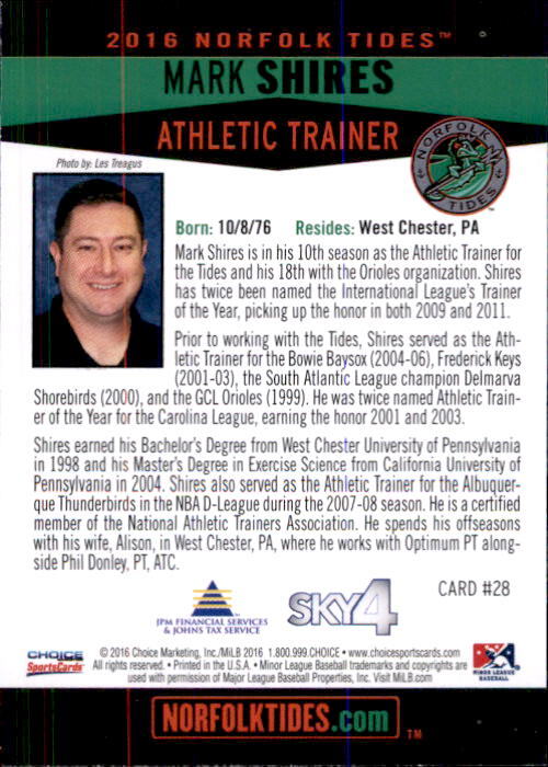 2016 Norfolk Tides Choice#28 Mark Shires West Chester Pennsylvania ...