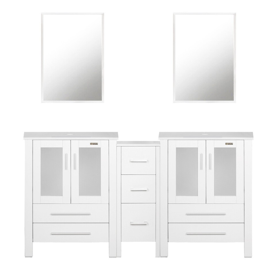 60" White 2 Bathroom Vanity Cabinet Set Vessel Glass/Ceramic Sink No ...