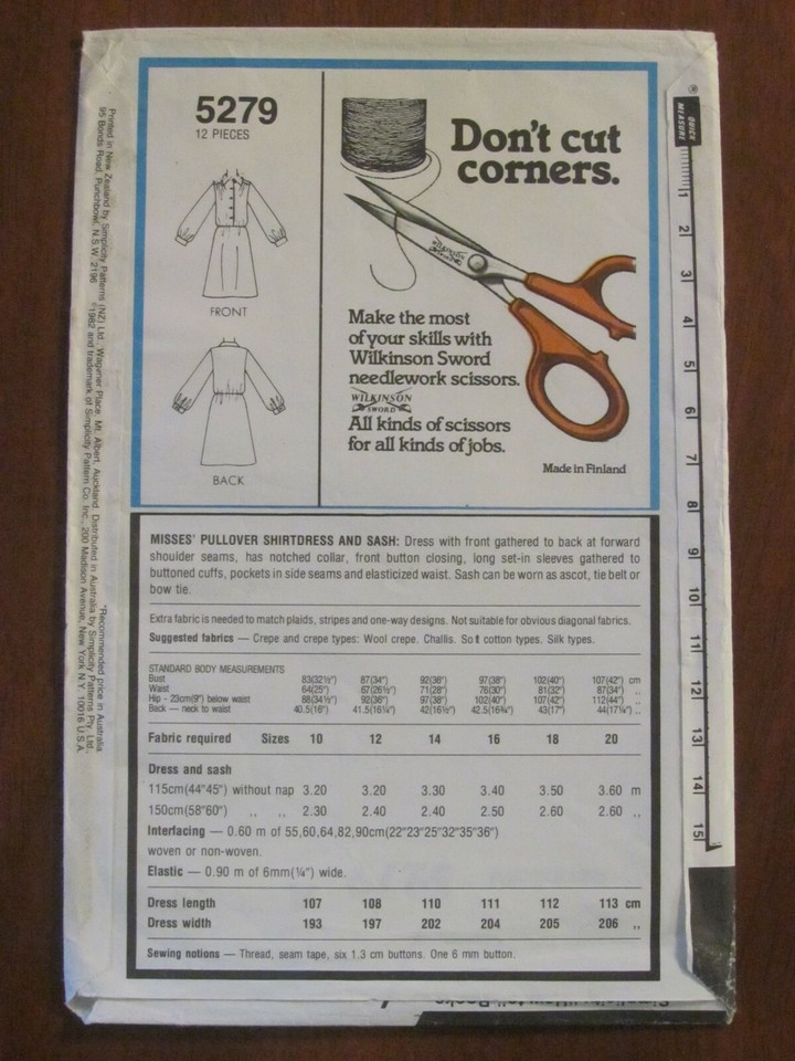 SIMPLICITY PATTERN - 5279 LADIES SHIRT DRESS ELASTIC WAIST BELT ESP 12 ...