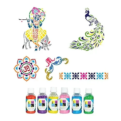 Rangoli Making Tools Kit Set of 5 Stencil 6 Rangoli Powder Colors ...