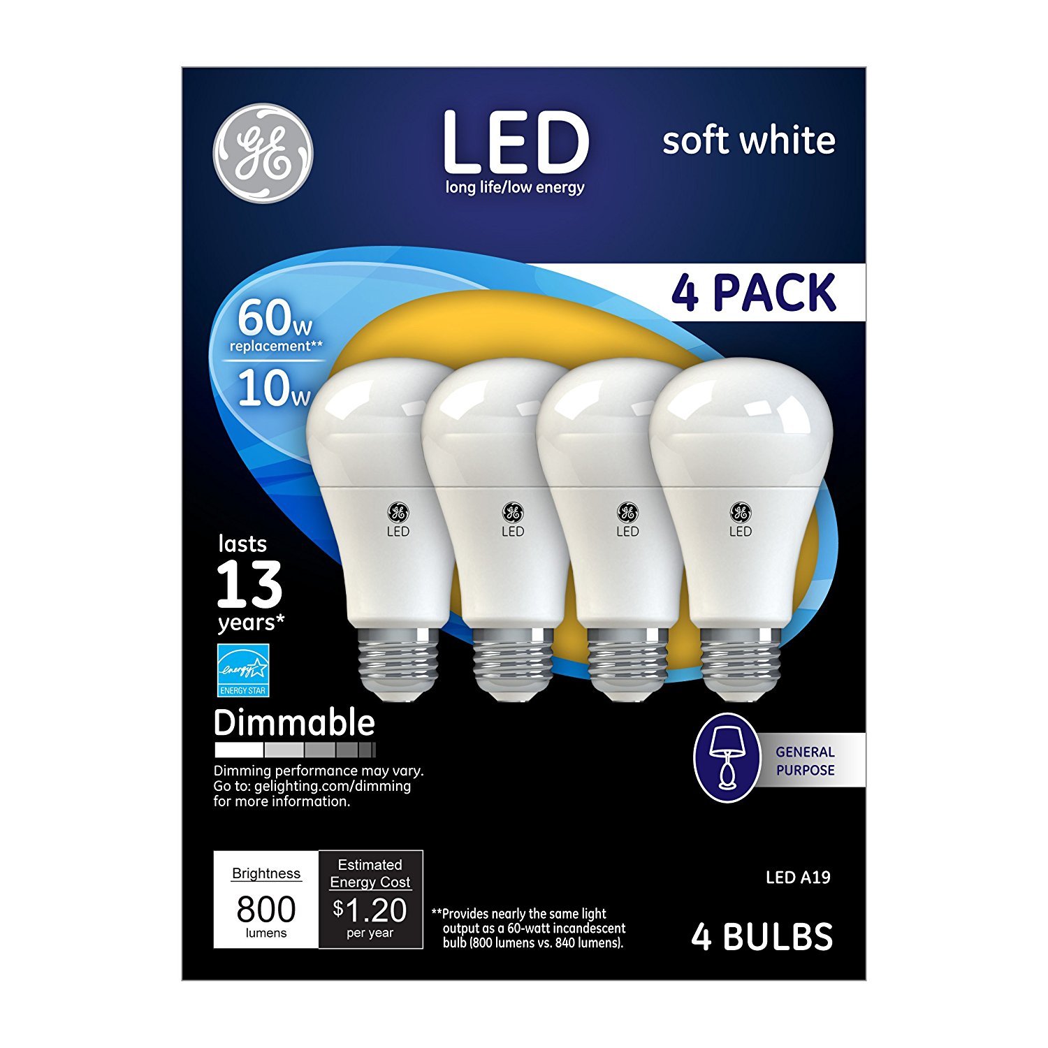 4 PACK GE LED 60W - 10 W Soft White 60 Watt Equivalent A19 2700K Light ...