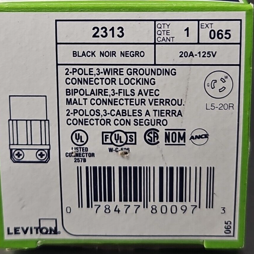 Leviton 2313 Connector 2 Pole 3 Wire 20A 125V L5-20R. loc4A12 | eBay