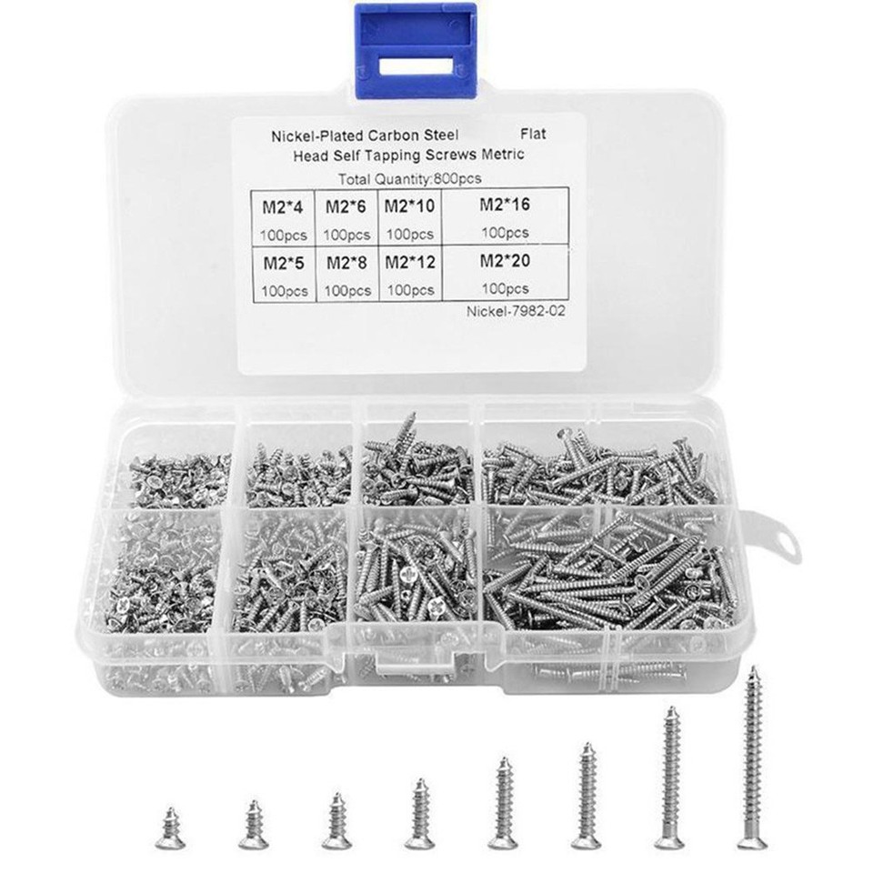 Self Tapping Screw Assortment Kit 800 Pcs Nickel Plated Iron Steel M2 ...