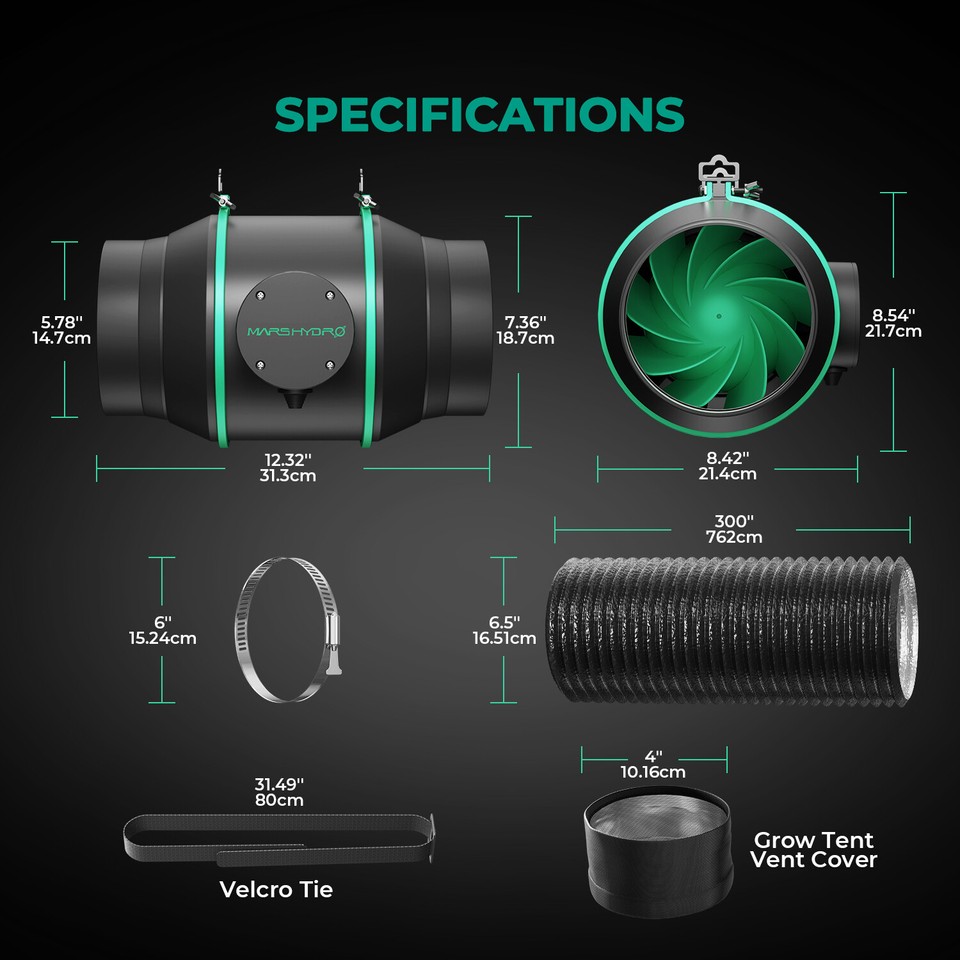 Mars Hydro 4'' 6'' Inline Fan Carbon Filter Extraction Fan Kits for ...