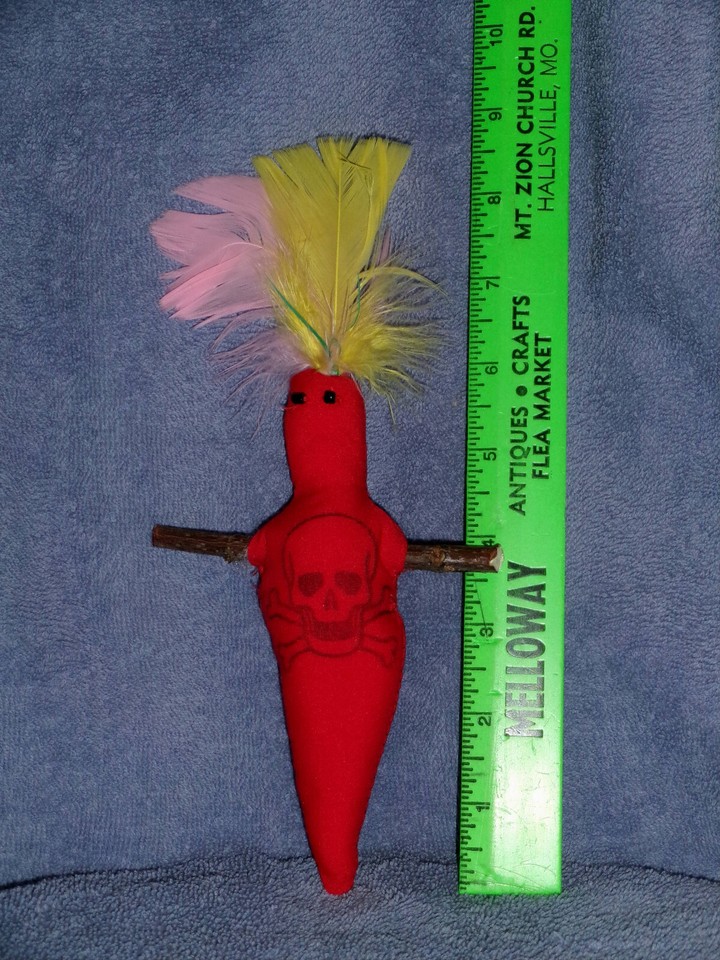 SKULL & CROSS BONES RED VOODOO DOLL POPPET PINK & YELLOW FEATHERS | eBay