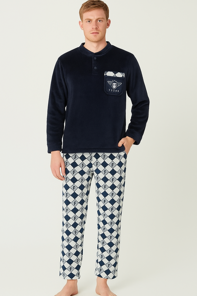 Mens PJ's Fleece Set Pyjamas Thermal Crew neck Designer Long Sleeve ...