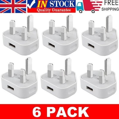 6 Pack UK USB Wall Charger 3 Pin Plug Mains Adapter For Phones Tablets ...