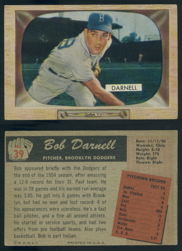 (67154) 1955 Bowman 39 Bob Darnell Dodgers-EX | eBay