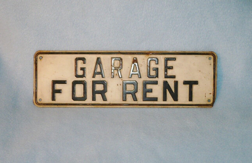 Vtg. Embossed & Painted Steel 11-7/8" X 3-5/8"Garage For Rent Sign ...