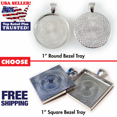 Round or Square Pendant Bezel Trays 1"(25 mm) Silver Tone for Glass ...