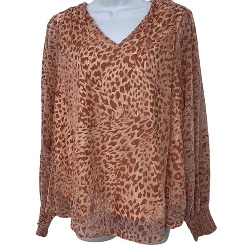 Easel Leopard Animal Print Blouse Peach Semi Sheer Velour V-Neck NWT ...