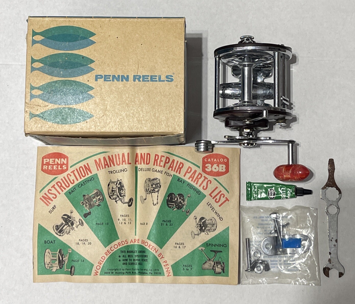 Vintage Penn Peer 209MS Reel with Box and Penn 36B Catalog - Red Handle ...