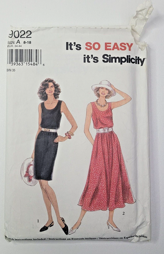 90s Simplicity Sewing Pattern 9022 Misses Dress w/Full or Slim Skirt 8 ...