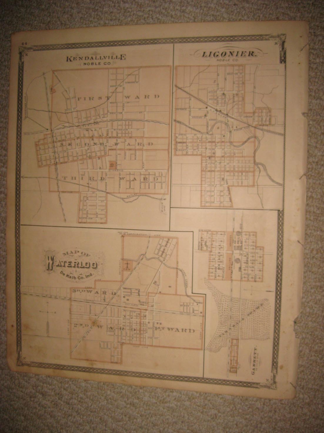 ANTIQUE 1876 KENDALLVILLE WATERLOO LIGONIER GARRETT INDIANA MAP FORT ...