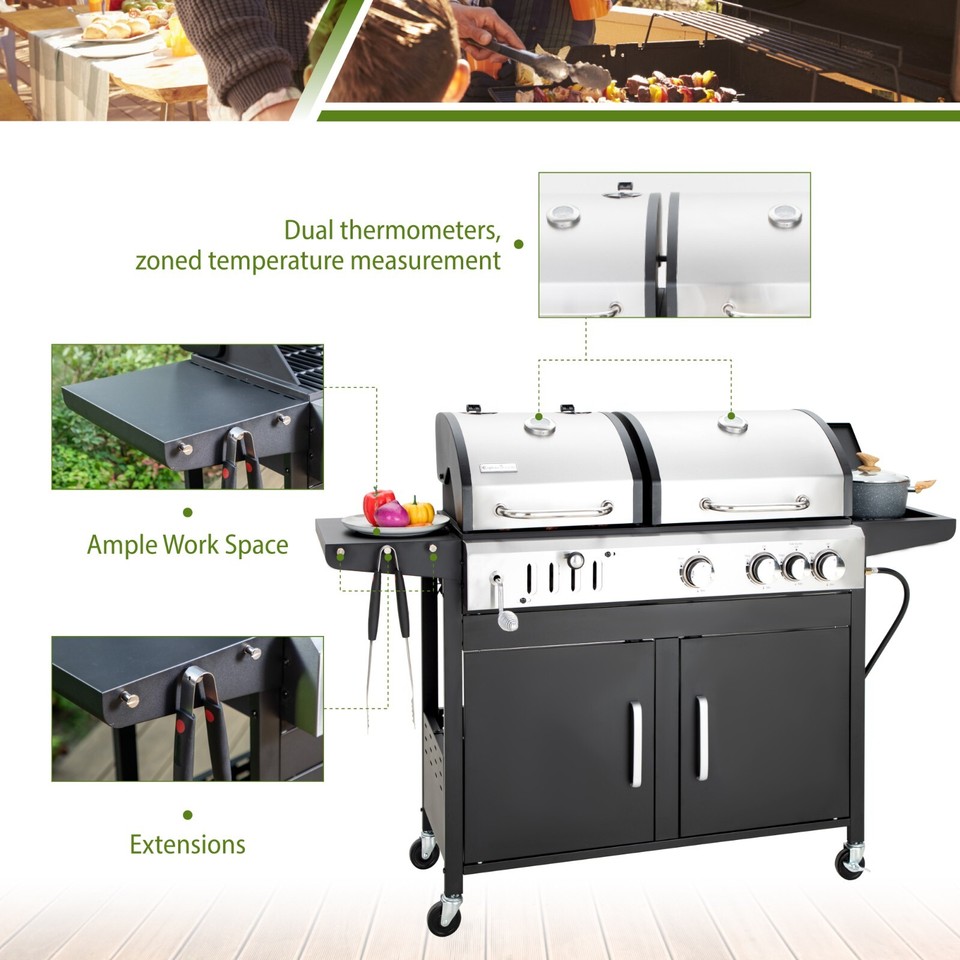 GAS CHARCOAL OUTDOOR GRILL BBQ Combo Dual Fuel Propane Stainless Steel ...