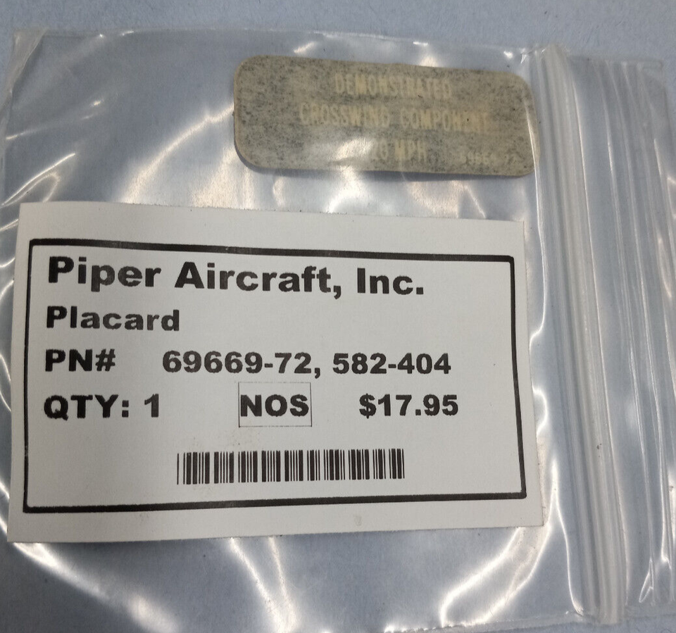 Piper P/N 582-404 - ALT# 69669-72 PLACARD (CROSSWIND COMPONENT) | eBay