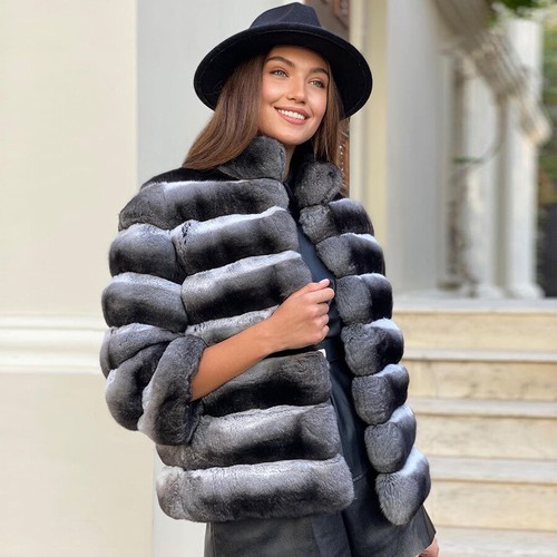 Women's Real Rex Rabbit Fur Coat Chinchilla Stand Collar Warm Jacket ...