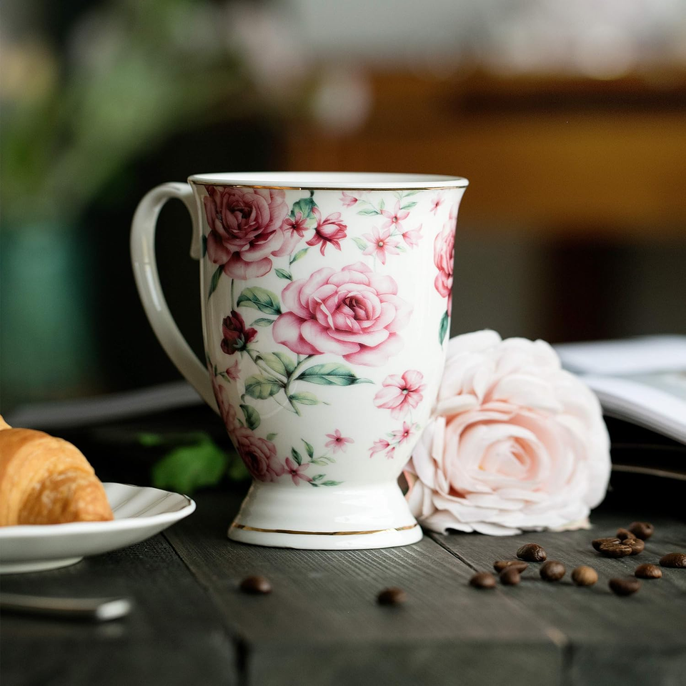 Btat- Coffee Mugs, 12 Oz, Set of 4, Floral Mugs, Porcelain Bone China ...